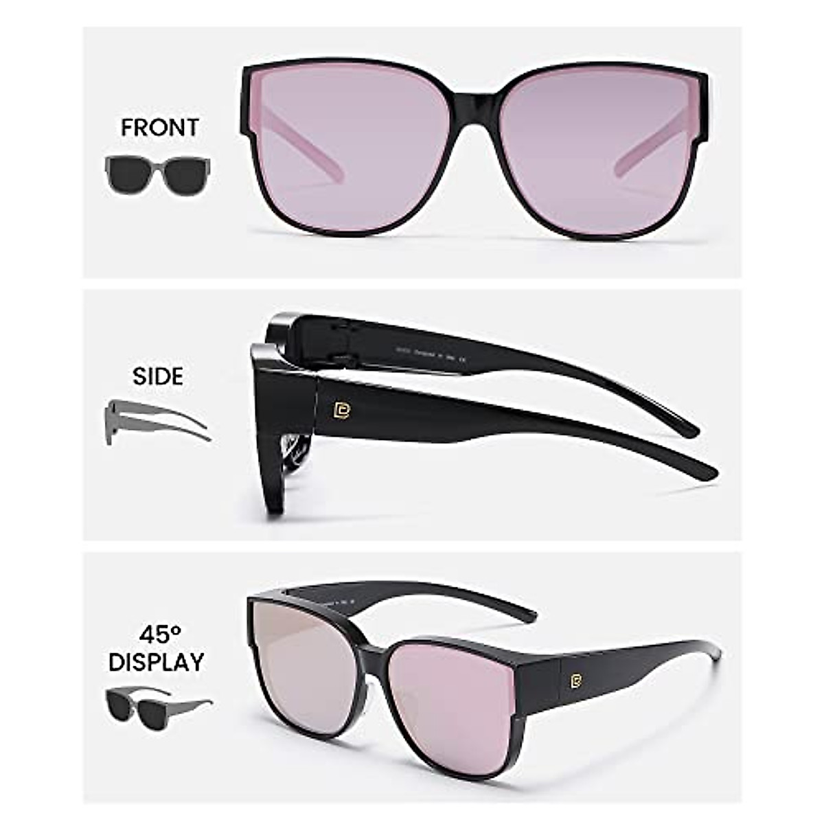 DUCO Fit Over Sunglasses for Men Women Wear Over Glasses Retro Wrap Around Polarized Sun Glasses UV400 Protection (A-Black Frame Revo Pink Lens)