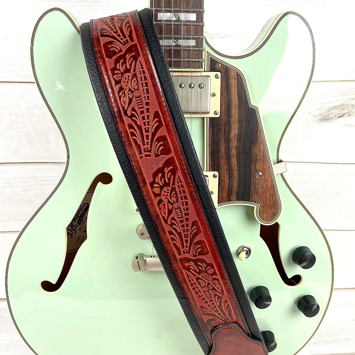 Walker & Williams GB-106 Bourbon Red Brushed Finish Guitar Strap With Padded Glove Leather Back And Classic Live Oak Pattern For Acoustic, Electric, And Bass Guitars