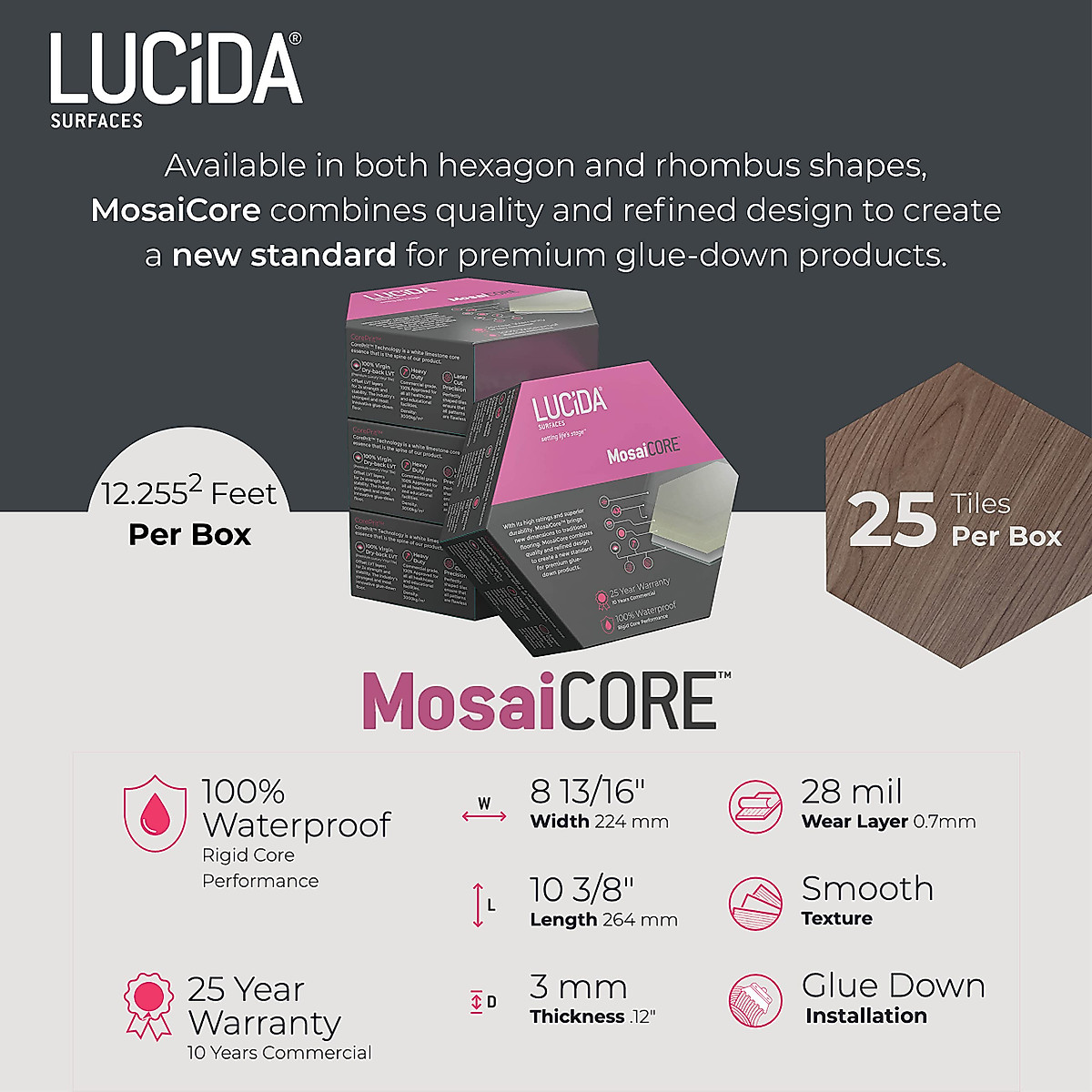 Lucida Surfaces Luxury Vinyl Floor Tiles | Glue Down Adhesive Flooring | Marble Look Hexagon Shaped Tile | MosaiCore | Single Sample Tile