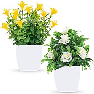 Der Rose 2 Pack Fake Plants Mini Artificial Faux Plants with Flowers for Home Office Table Room Farmhouse Decor Indoor