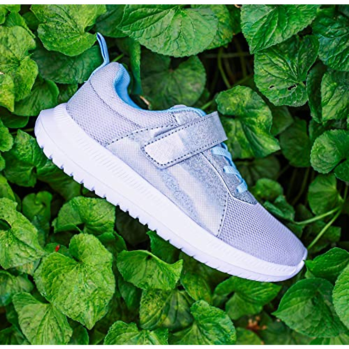 Toandon Girls Kids Sneakers Glitter Shoes Toddler Breathable Lightweight Elastic Band Athletic Running Walking Sparkle Glimmer Fashion Outdoor Child Strap Closure Sliver Blue Size 2