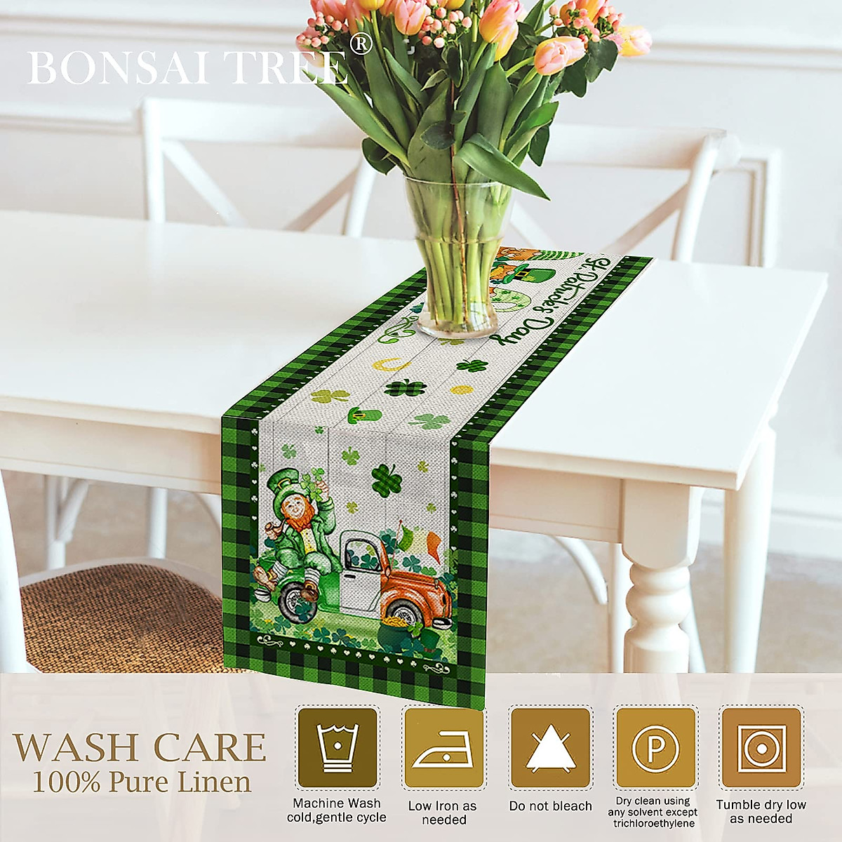 St Patricks Day Table Runner 72 Inch Long, St Patricks Leprechaun Gnomes Table Runner, Shamrocks Green Truck Decorations for Home Dining Room