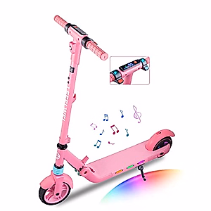 Electric Scooter for Kids Ages 6-12, Colorful Rainbow Lights, Bluetooth Music Speaker, LED Display and Adjustable Speed, Foldable E-Scooter for Kids Girls Boys, Ideal Gift for Children (Pink)