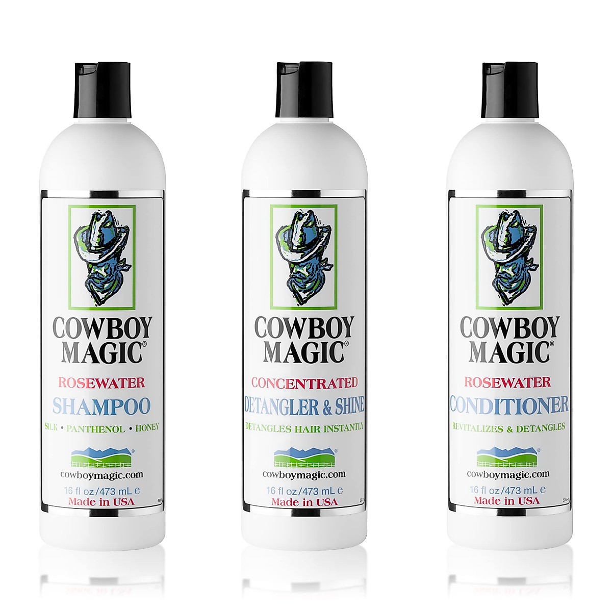 Cowboy Magic Shampoo + Conditioner + Detangler & Shine 16 Ounce each With Silk Panthenol and Honey Great For Horse, Humans, And Dogs Too Silky Coats And Hair