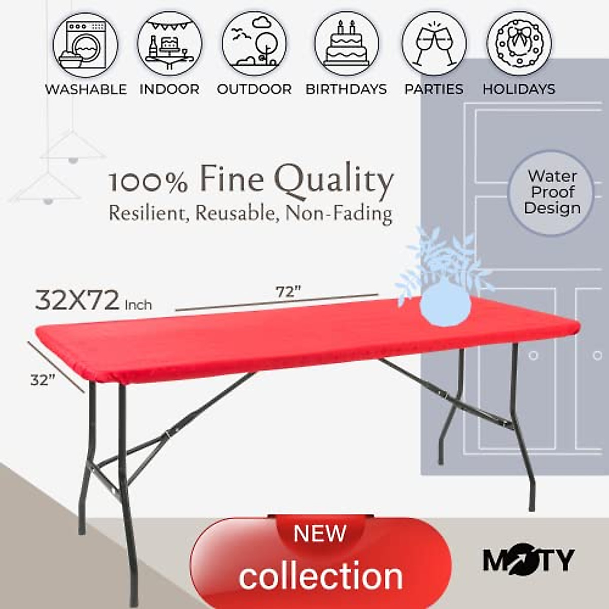 Fitted Rectangle Tablecloth for 6 Foot Tables – Reusable Elastic Edge Table Cover for Folding Banquet Tables – Washable 100% Polyester Fabric with Mitered Corners for Parties and Picnics (32x72 inch)