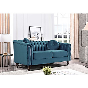 Container Furniture Direct Tufted Velvet Sofa with Removable Cushions and Turned Wood Legs, Elegant Living Room Furniture for The Modern Home, 61.4 Inch Loveseat, Rose