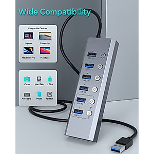 Powered USB 3.0 Hub, Elecife 8-Port Powered USB Hub, Aluminum USB Splitter with 6 USB 3.0 Data Ports, SD/TF Card Readers, Individual On/Off Power Switches and 5V/3A Power Adapter (42 inch)