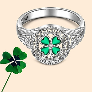 Shamrock Ring St Patricks Day Ring Four Leaf Clover Rings for Women Sterling Silver 925 Irish Shamrock Celtic Knot Green 4 Clover Jewelry Charm Prom Wedding Gifts Size 9