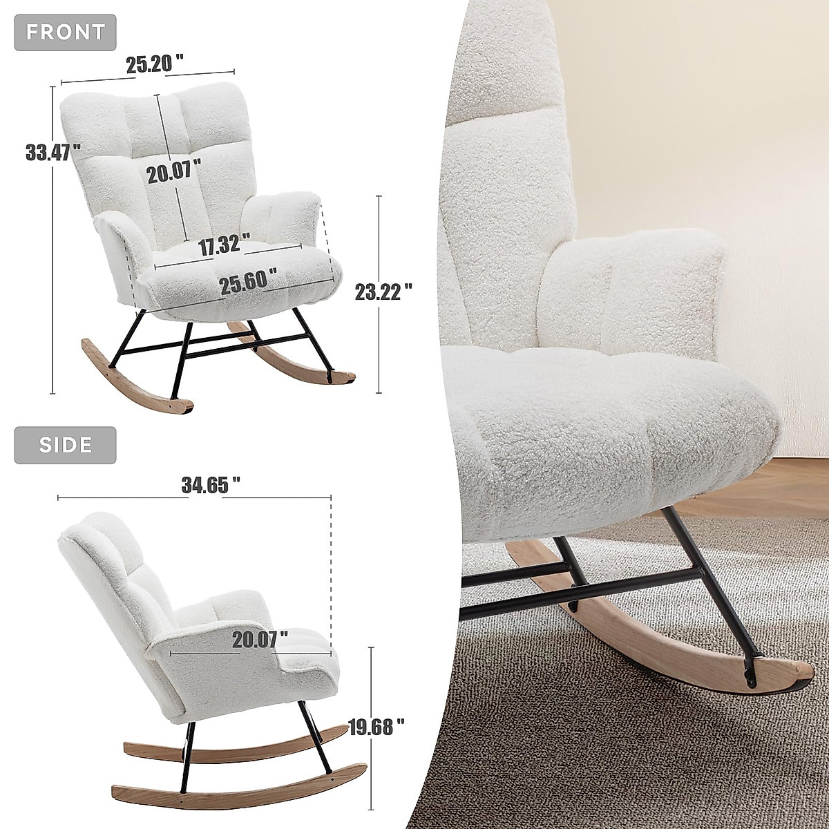 SAETSFEG Nursery Rocking Chair Teddy, Upholstered Glider Rocker with High Backrest, Comfortable Stylish Accent Armchair with Padded Seat for Living Rooms, Bedrooms, White