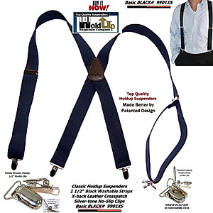 1 1/2" Wide Classic Series Holdups Suspenders for Men in X-back style w/USA Patented No-slip® Silver Clips (Black XS)