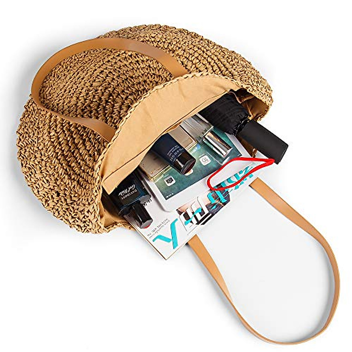 Round Straw Bag Large Woven Summer Beach Tote Handbags Handle Shoulder Bag for Women Vacation, Khaki