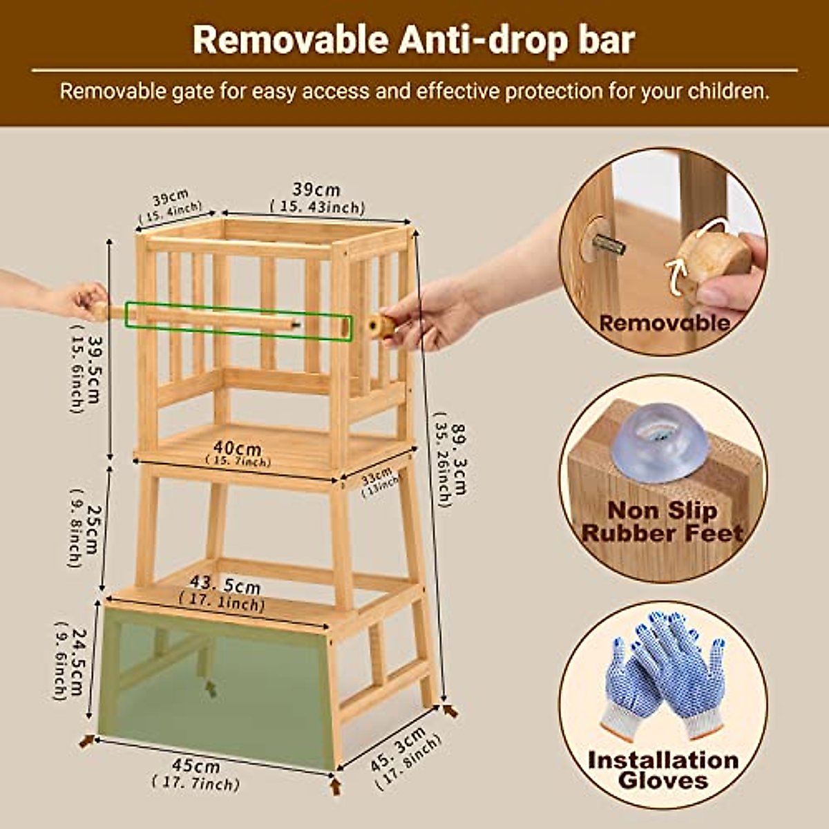 COSYLAND Kids Kitchen Step Stool，Toddler Standing Tower with CPC Certification, Removable Anti-Drop Railing Safety Rail Enjoys Unique Patented Design A Anti-tip Structure More Stable, Natural Bamboo