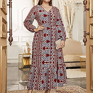 Dresses for Women Plus Size Women's Summer Casual V Neck Geometric Print Long Sleeved Loose Elastic Waist Dress Long Red
