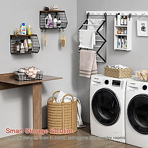 Goozii Hanging Wall Fruit Basket for Kitchen Counter 2 Pack, Stackable Wire Baskets for Organizing with Wood Lid, Potato and Onion Storage Bin with Banana Hook for Vegetable Produce, Black + Rustic