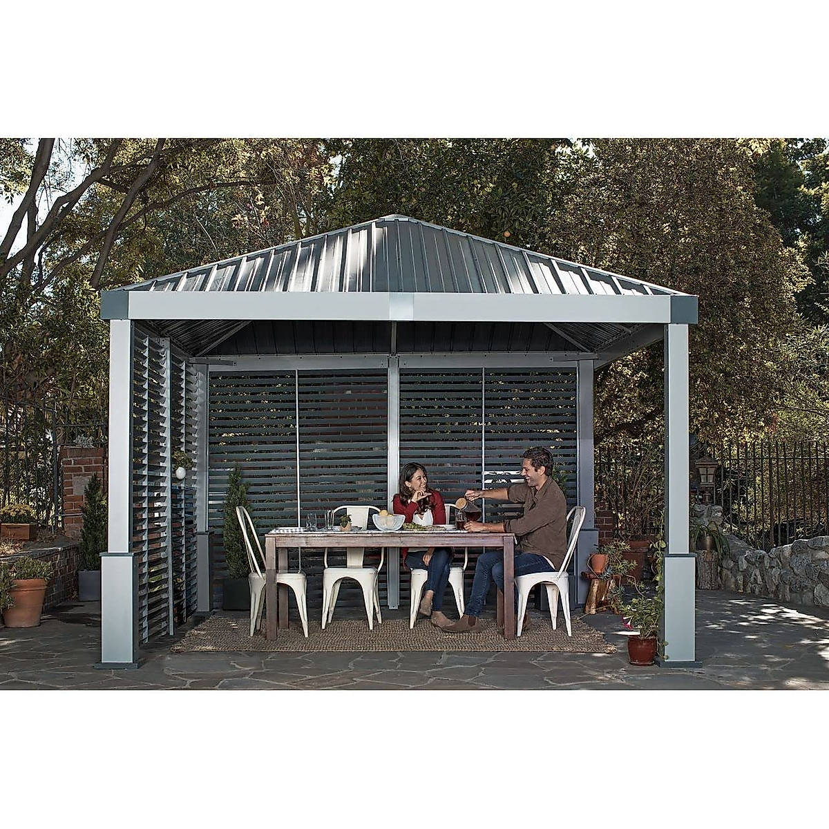 Sojag Outdoor 12' x 12' Nanda Louver Wall Hardtop Gazebo Outdoor Sun Shelter, Light Grey
