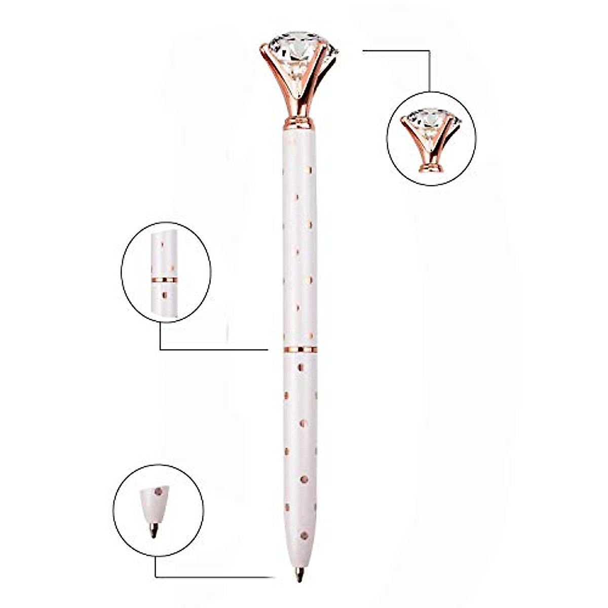 LONGKEY 3PCS Diamond Pens Big Crystal Diamond Ballpoint Pen Bling Metal Ballpoint Pen Offices and Schools, Silver/White With Rose Polka Dots/Rose Gold with White Polka Dots, Includes 3 Pen Refills.