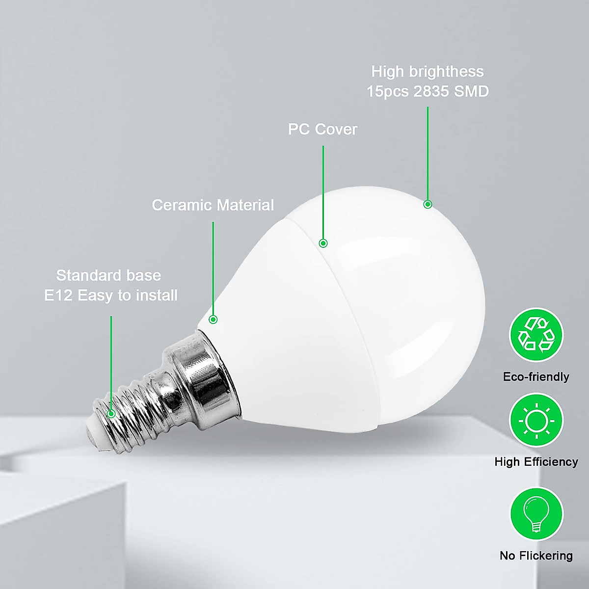 LFLAMPON LED Light 60W Equivalent Edison Bulb A15 6W Daylight 5000K 700 Lumens Bulbs E12 Candelabra Screw Base Lamps for Ceiling Fan,Bedroom Replacement Lighting AC 120V Non-Dimmable (2 Pack)