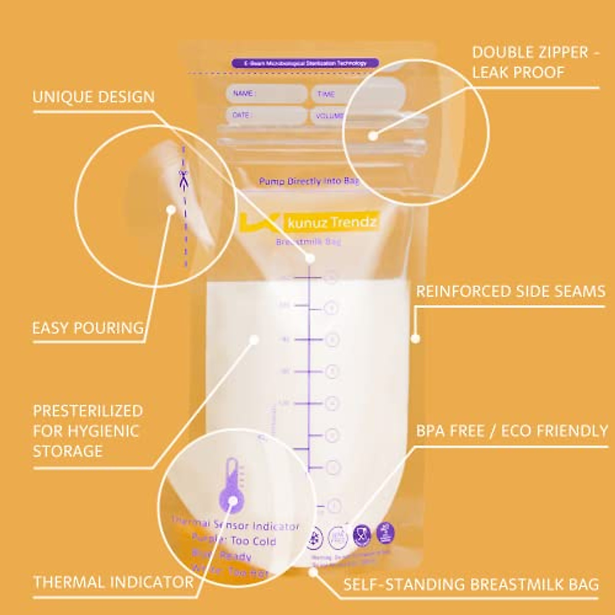 Kunuz Trendz Breastmilk Storage Bags - 250-Count, 8oz/240ml, Pre-Sterilized Breast Milk Pouches with Temperature Sensor, Dual Zip-Locking Seal,Capacity Markings - Nursing & Breastfeeding (250 Count)