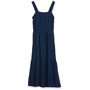 Amazon Essentials Women's Fluid Twill Tiered Fit and Flare Dress, Navy, Large