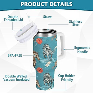 Burbuja Running Horses Hibiscus 40oz Insulated Tumblers with Handle and Straw Lid, Double Wall Stainless Steel Travel Mug Leak-Proof, BPA Free, Gift for Mom Dad