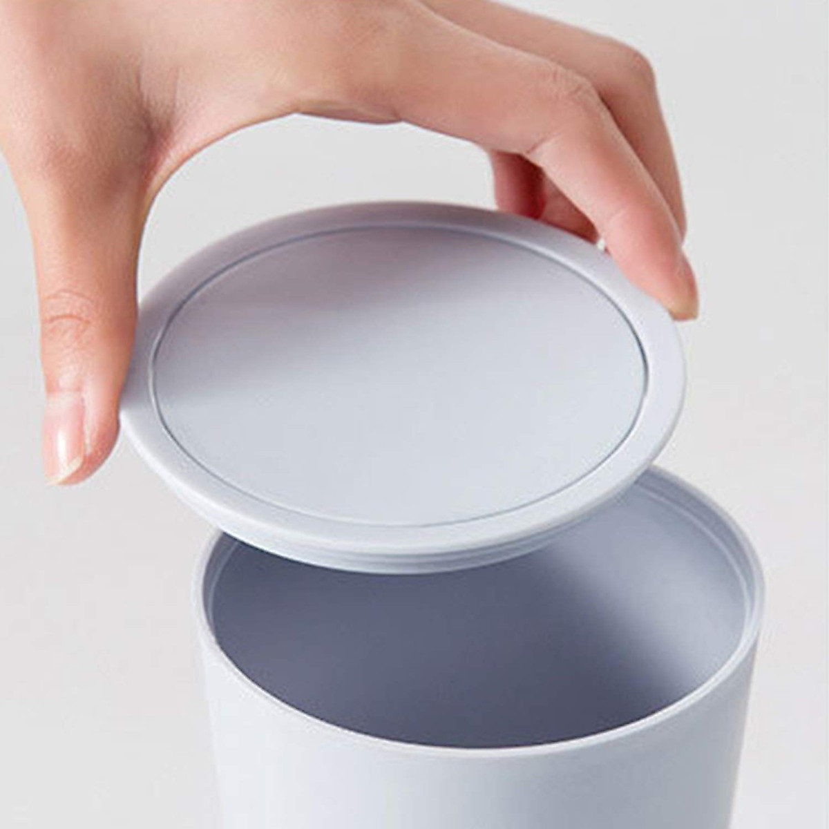 Sheebo Modern Plastic Mini Wastebasket Trash Can with Lid for Car - Dispose of Tissues, Reciepts, and Other Small trashes; 1 Liter (2pk - Khaki & Light Blue)