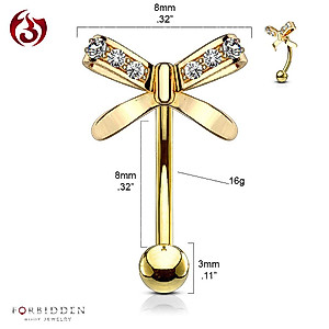Forbidden Body Jewelry 16g 8mm Curved Barbell for Daith, Eyebrow, Rook & Belly Button with CZ Ribbon Tied Top, Clear/Gold Tone