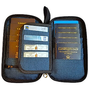 ALFARRA 10 Passports Family Travel Document Wallet - 10 Passport Pockets and 8 ID Slots, SIM Card and Coin Zipper Pouch, Dark Blue with Black Border Seam, Casual, Hand-crafted