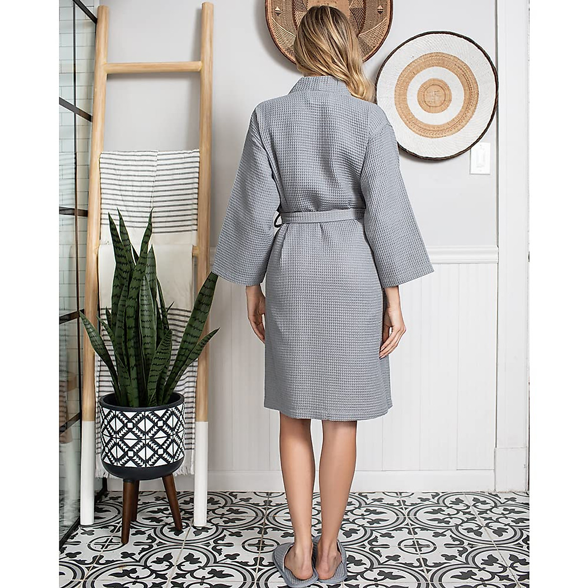 Lotus Linen Women's Lightweight Waffle Kimono Robes for Women - Cotton Spa Grey Bathrobes - Grey Bridesmaids Robe Set (Small, Grey)