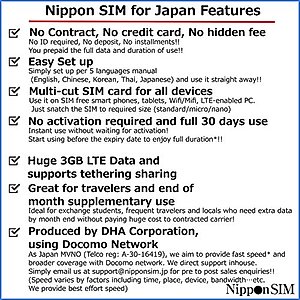 Nippon SIM for Japan 30 Days 3GB 4G LTE Data (No Voice/Text) 3-in-1 SIM Card | docomo Network | Japan Local Support | No Activation No Contract | Supports Tethering | 短期帰国・短期来日最適 安心メーカーサポート