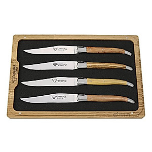 Laguiole en Aubrac Luxury Fully Forged Full Tang Stainless Steel Steak Knives 4-Piece Set with Mixed French Wood Handle, Stainless Steel Brushed Bolsters
