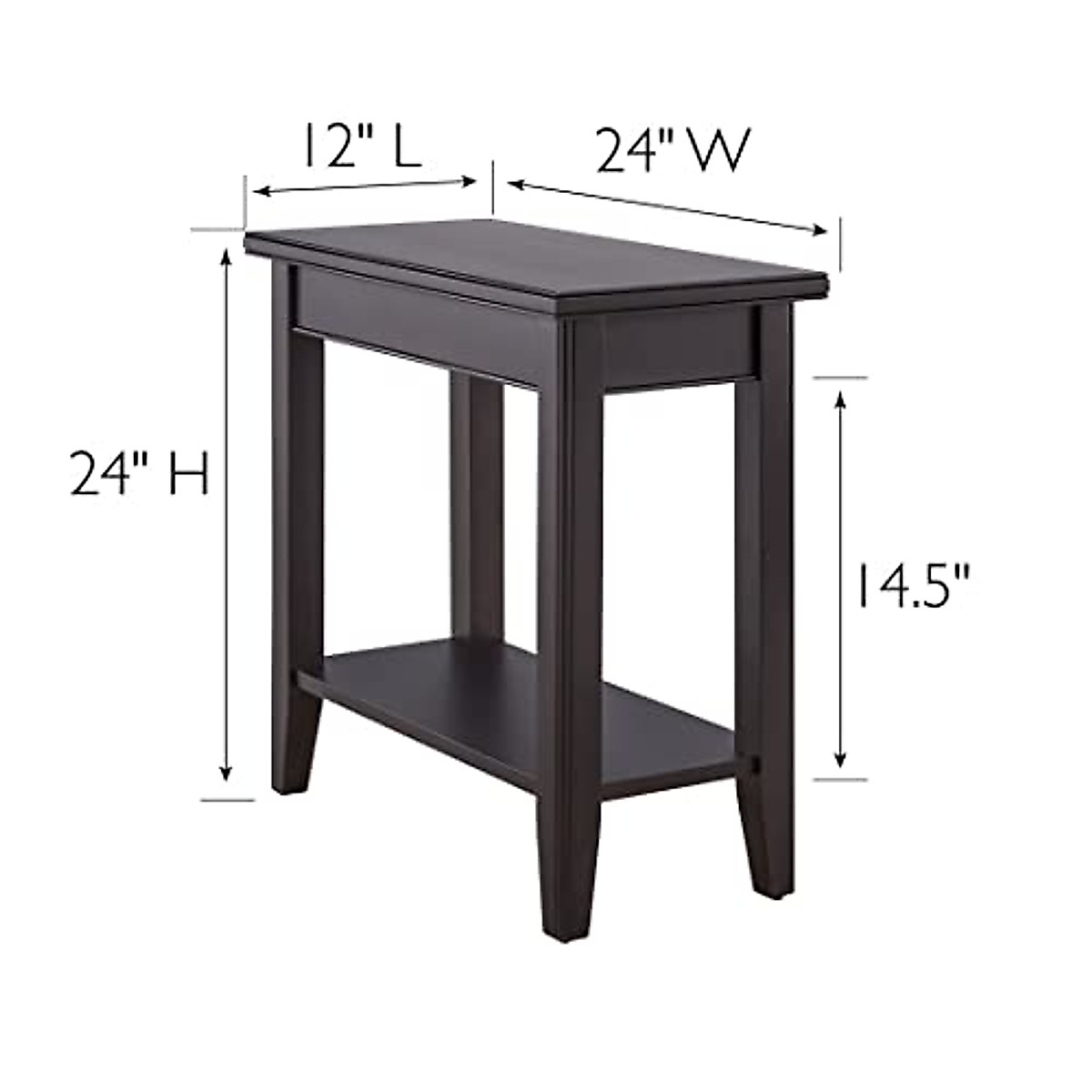 Leick Home Laurent 12 in. Narrow End Side Table, Solid Wood with Shelf, Black, 10505-BK