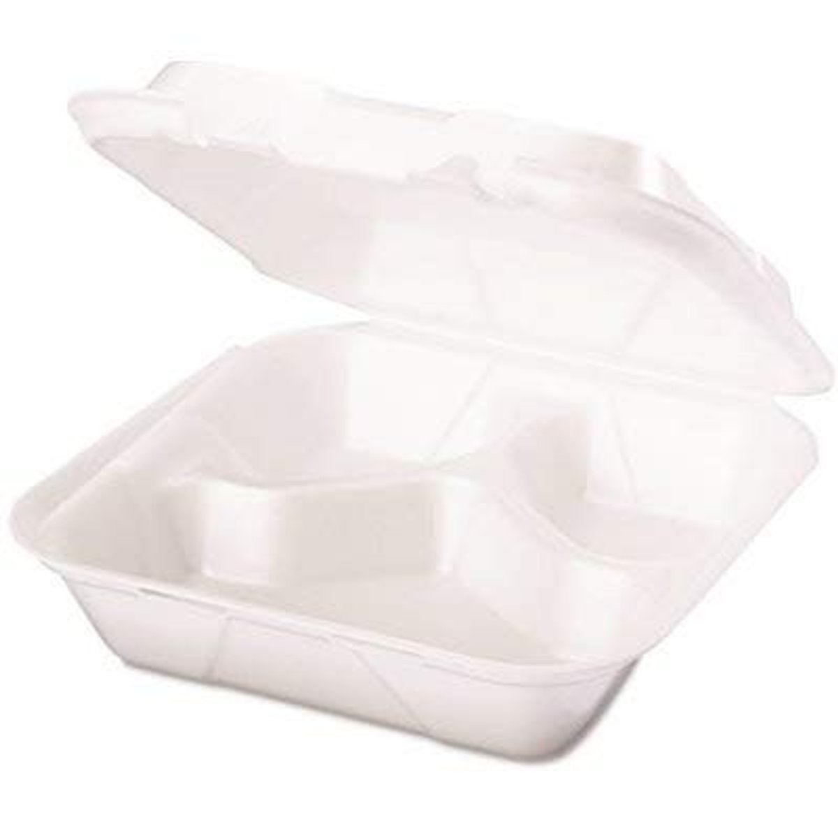 Genpak Quality To Go Snap It 3 Compartment Foam Take Out Medium Food Container Vented White, 8.25" Length x 8" Width x 3" Depth | 200/Case