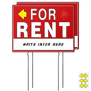 For Rent Sign with Tall Stakes, 17" x 13", For Rent Sign with Arrow Stickers, Double-Sided Yard Signs, For Rent Signs with Metal Stakes, WEATHER-PROOF, (2 Pack)