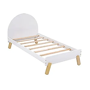 OPTOUGH Twin Size Wooden Cute Platform Bed with Curved Headboard,Bed Frame with Slat Supports and Shelf Behind Headboard for Kids Boys Girls,White