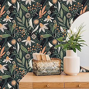 Floralplus Boho Peel and Stick Wallpaper Removable Boho Wallpaper Peel and Stick Floral Botanical Wallpaper for Bedroom Cabinet Wall Office Decor 118 * 17.7in