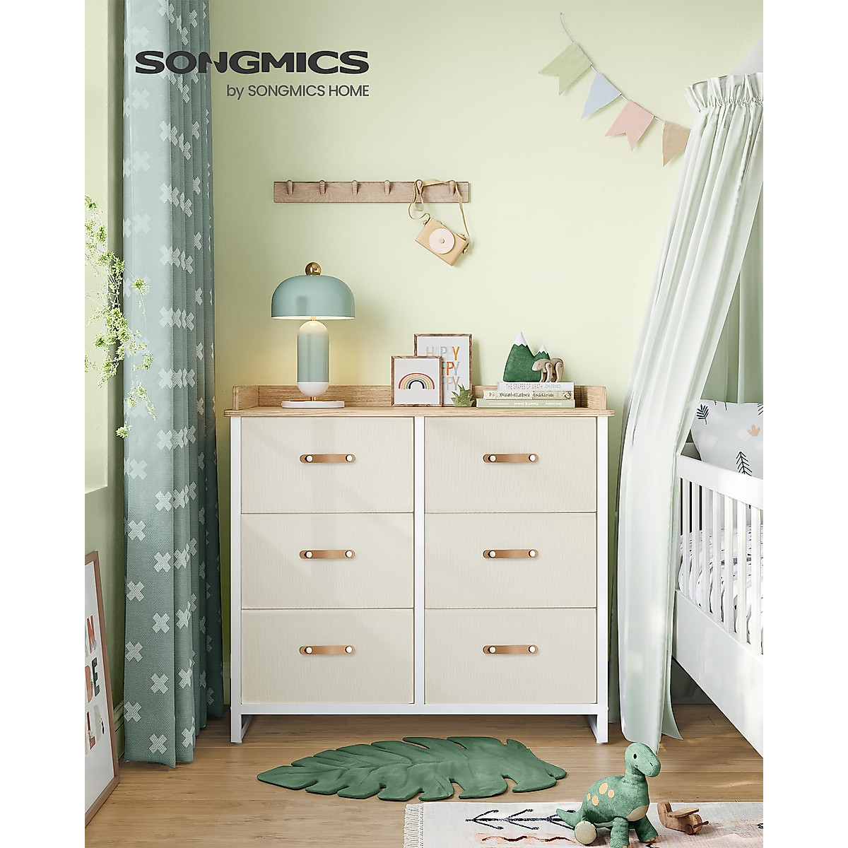 SONGMICS Dresser for Bedroom with 6 Drawers, Chest of Drawers, with Water-Resistant Changing Table, Storage Organizer Cabinet, for Kids Room Nursery Living Room Hallway, Beige UGKR101K01