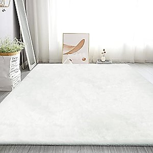 Fixseed Soft White Fluffy Area Rug 4x6 Faux Rabbit Washable Fur Rugs for Bedroom, White Fuzzy Living Room Carpets Indoor Modern Shag Area Rugs for Children Bedroom Nursery Playroom Home Decor Rug