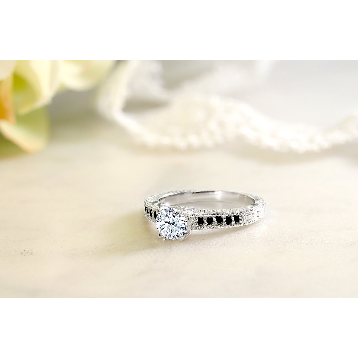 Gem Stone King 925 Sterling Silver White Created Sapphire and Black Diamond Engagement Ring For Women (1.37 Cttw, Available in size 5, 6, 7, 8, 9)