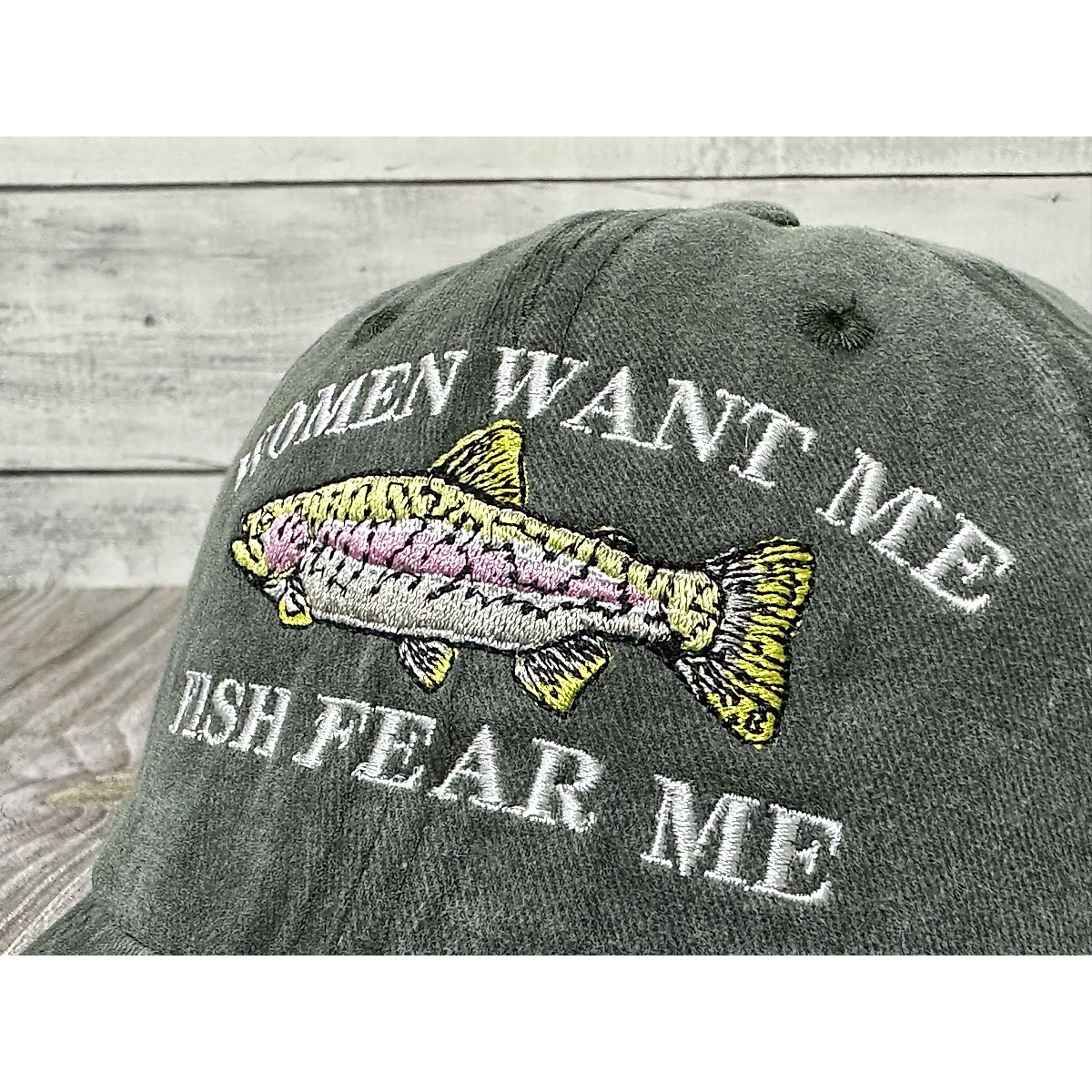 Shenbors Embroidered Women Want Me Fish Fear Me Hat for Men, Army Green Outdoors Fishing Snapback Dad Hat, Adjustable Baseball Cap