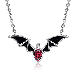 Halloween Bat Necklace Sterling Silver for Women Black Cubic Zirconia Chain Choker Vampire Witch Ghost Festival Classic Funny Cute Dainty Christmas Gift