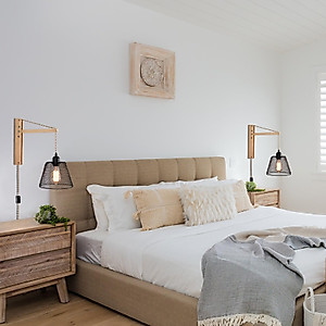 Modxian Farmhouse Plug in Wall Sconces Set of 2 Wood Wall Mounted Light with Plug in Cord Wall Lamp with Wire Cage Shade Rustic Adjustable for Bedroom Living Room Hallway Entrance E26