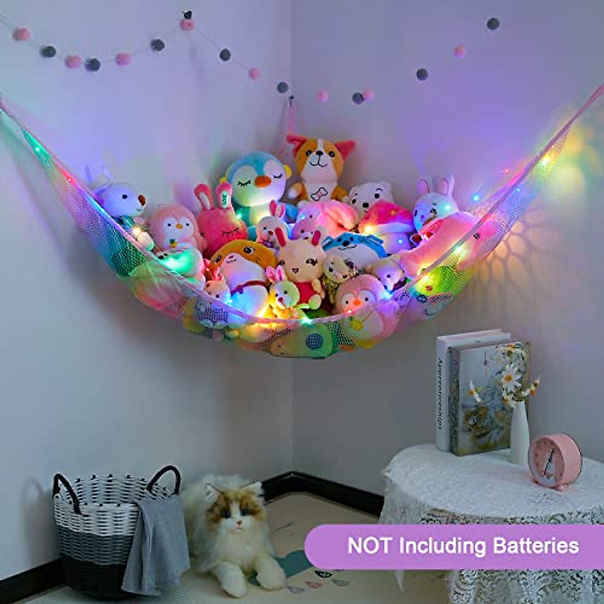 Stuffed Animals Hammock Kids Toy Storage with LED Light Unicorn Castle Plush Toy Organizer Coner Hanging Stuffed Animals Holder For Nursery Kids Girls Room Decor