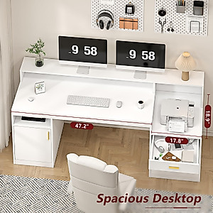 TVU 65" Computer Desk with 3 Drawer & Storage Shelves, Home Office Desk with File Drawer Cabinet, Executive Desk with Long Monitor Stand & Printer Shelf, White