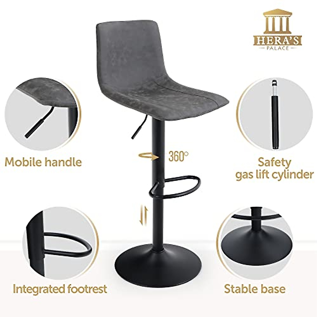 HERA'S PALACE Adjustable Bar Stools, Bar Height Swivel Stools Set of 2, Modern Chairs Barstools Counter Height for Kitchen, Cafe, Grey