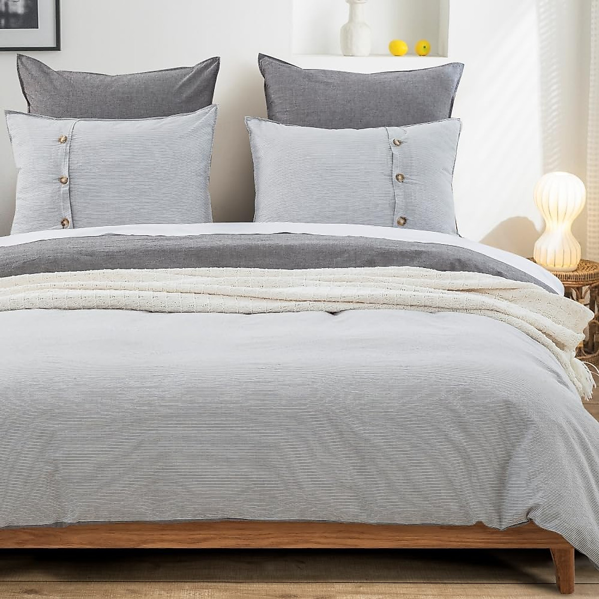 DAUAOTO California King Size Duvet Cover Set 104"X96" Washed Cotton Bedding Reverse to Yarn-Dyed Stripe, Gray