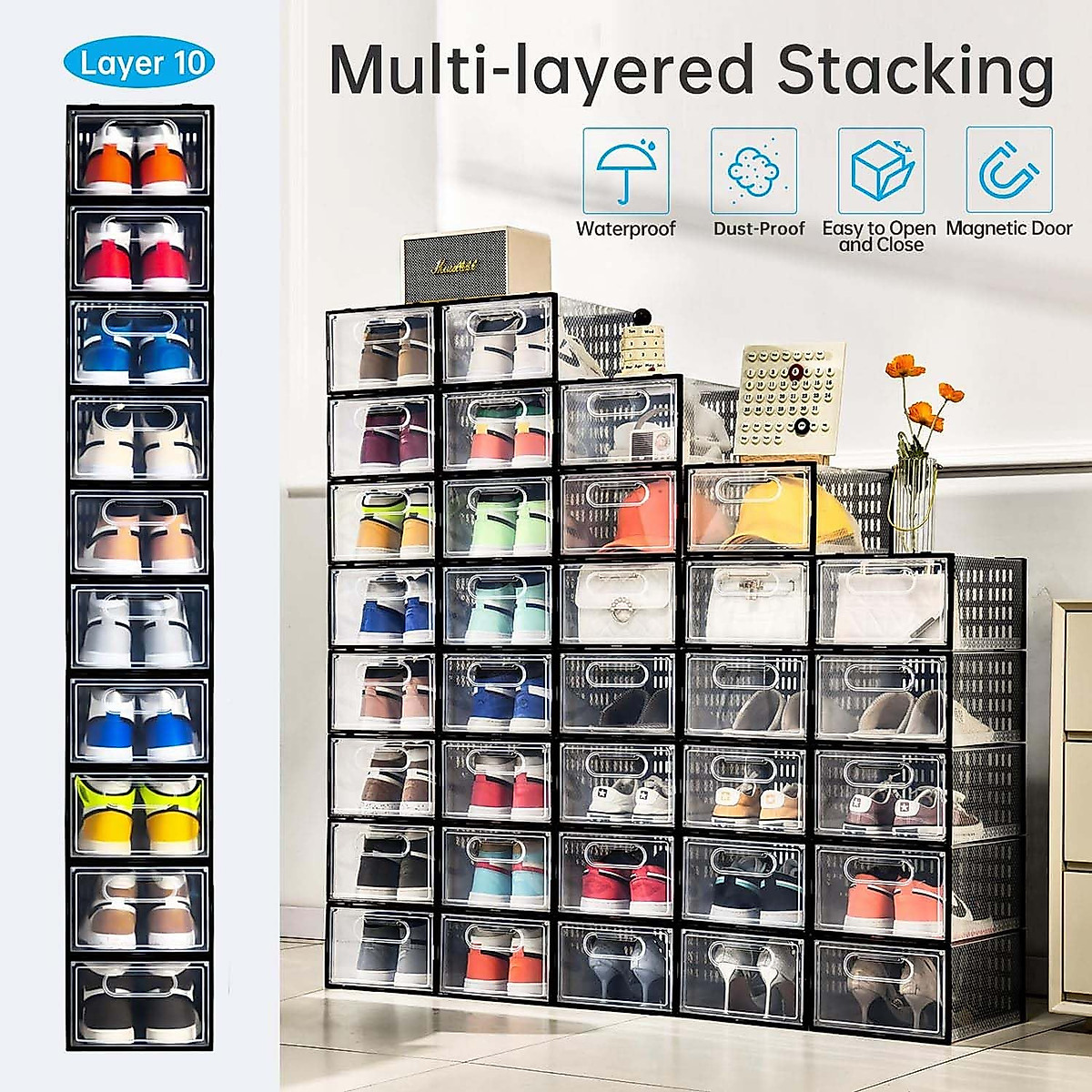 Clemate 15 Pack Shoe Storage Boxes, Clear Plastic Stackable Shoe Organizer for Closet, Shoe Box with Magnetic Door, Foldable Shoe Storage Bin, Sneaker Storage Box Shoe Rack Container Holder