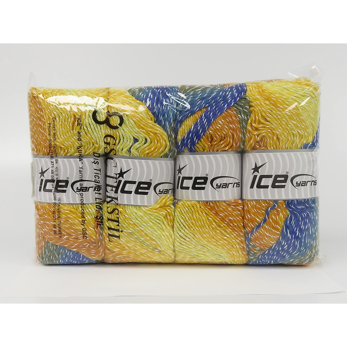 Lot of 4 x 100gr Skeins Ice Yarns Magic COTTONAC (30% Cotton) Yarn Blue Shades Yellow Shades Khaki Gold