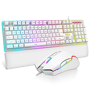 RedThunder K10 Wired Gaming Keyboard and Mouse and Wrist Rest Combo, RGB Backlit, Mechanical Feel Anti-ghosting Keyboard + 7D 7200 DPI Mice+Soft Leather Wrist Rest 3 in 1 PC Gamer Accessories(White)