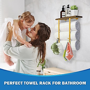 Ranslen Towel Racks Organizer for Bathroom Wall Mounted,Metal Towel Rack with Wooden Shelf and 2 Hooks,Black Storage Holder Organizer for Large/Small Towels,Hand Towels,Washcloths,Spa,RV,Matte Golden