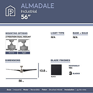 Prominence Home Almadale, 56 Inch Contemporary Indoor Ceiling Fan with No Light, Pull Chain, Modern High Performance Blades, Reversible Motor - 50330-01 (Brushed Nickel)